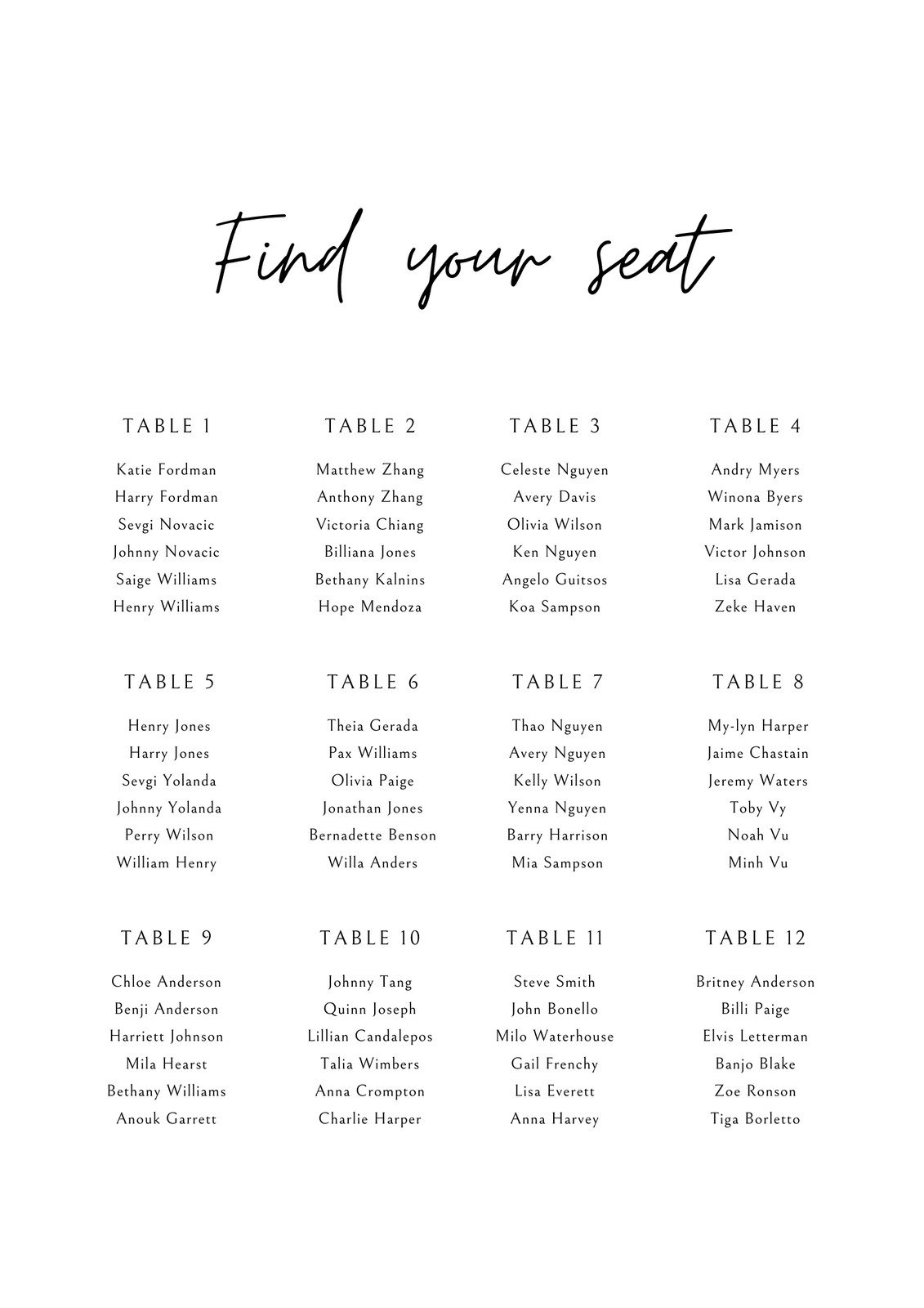 Free Printable Wedding Seating Chart Template - Printable Chart Template